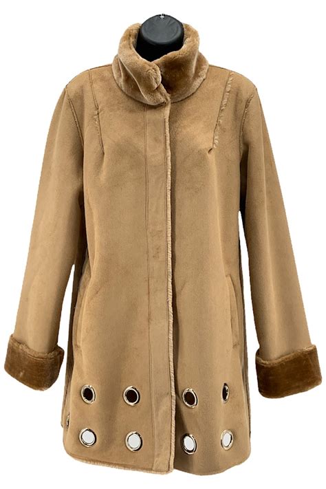 Dennis Basso Faux Shearling Coat With Grommet Trim Camel Jender