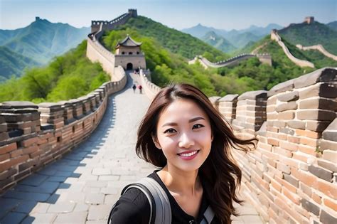 Premium Photo Portrait Of Female Tourist Visiting The Great Wall Of China