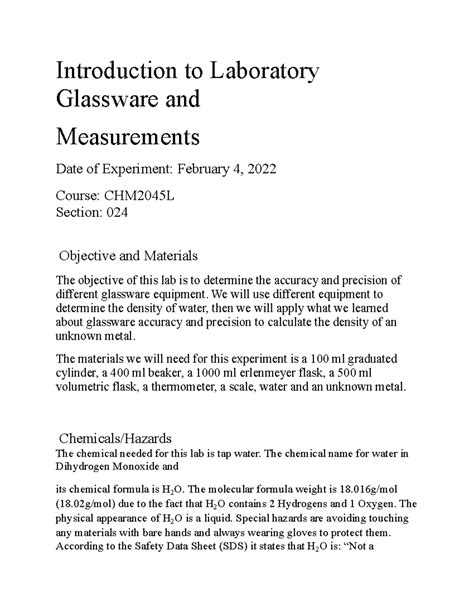 Pre Lab 1 Pre Lab 1 Introduction To Laboratory Glassware And