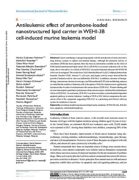 Pdf Antileukemic Effect Of Zerumbone Loaded Nanostructured Lipid
