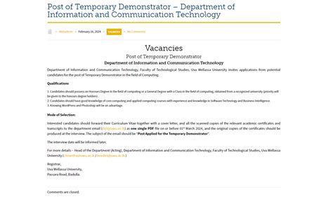 Temporary Demonstrator Uva Wellassa University