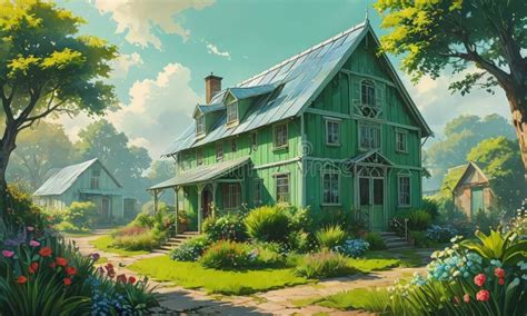 Green House Surrounded By Trees And Flowers Stock Illustration
