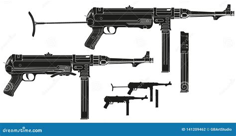 Graphic Retro Submachine Gun With Ammo Clip Stock Vector Illustration
