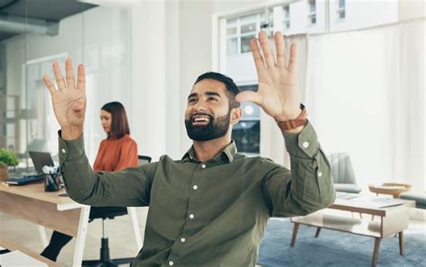 premium photo working invisible screen and hands of man in office for
