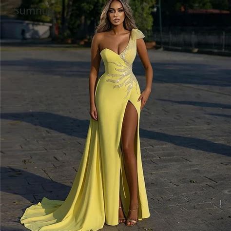 Elegant Yellow Stretch Satin Prom Dresses With Detachable Overskirt One
