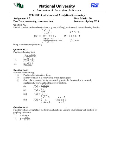 Calculus Assignment National University O F C O M P U T E R E M E R G I N G S C I E N C E S