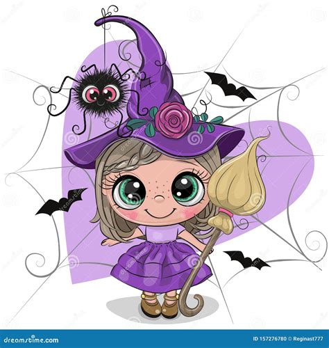 Cartoon Witch In Purple Dress And Hat Stock Vector Illustration Of