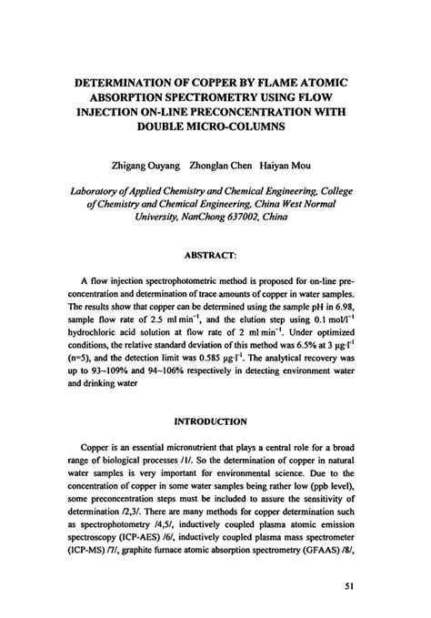 Pdf Determination Of Copper By Flame Atomic Absorption Spectrometry Using Flow Injection On