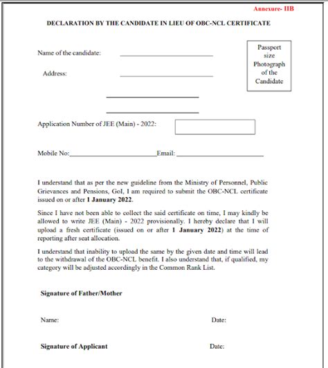 Jee Main Exam Self Declaration By The Candidate In Lieu Of Obc Ncl