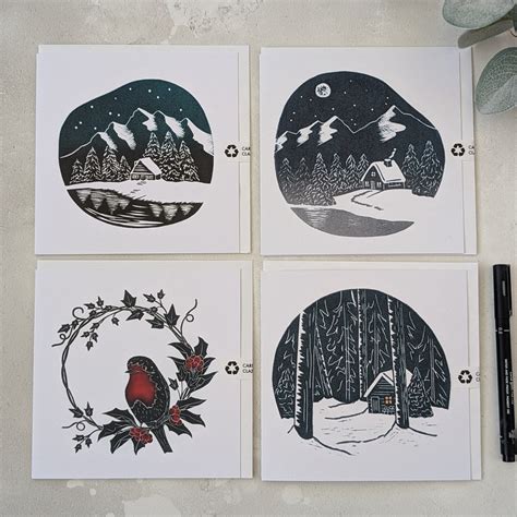 Linocut Christmas Card Pack Winter Cabin And Robin Cards Etsy