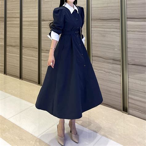 헤이올라 배색 카라 셔츠 퍼프 플레어 트렌치 코튼 롱원피스 베이지 네이비 여유핏 빅사이즈 오피스 정장 모임 격식 결혼식하객룩