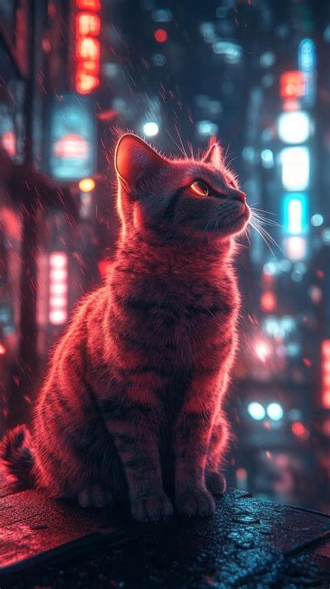 Neon Cyberpunk Cat On Rooftop With Futuristic City Skyline Cute Cat
