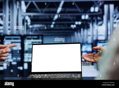 Close Up Shot Of Mock Up Laptop Used By Competent Technician In Data