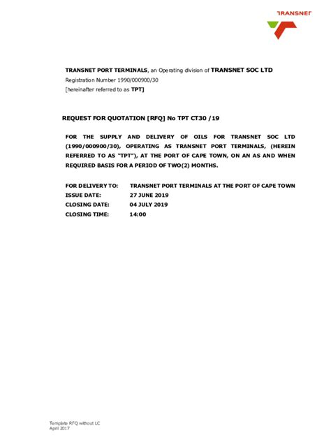 Fillable Online Transnet Request For Quotation No TPT CT Fax Email Print PdfFiller