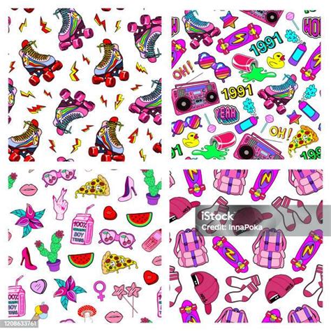 다채로운 학교 휴식 요소와 재미 원활한 패턴의 집합입니다 롤러 블레이드 선글라스 스케이트 알람 시계 등 90 년대 스타일의