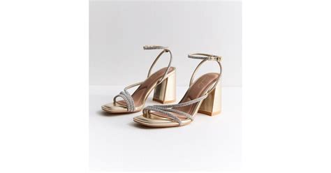 Gold Multi Strap Diamanté Block Heel Sandals New Look
