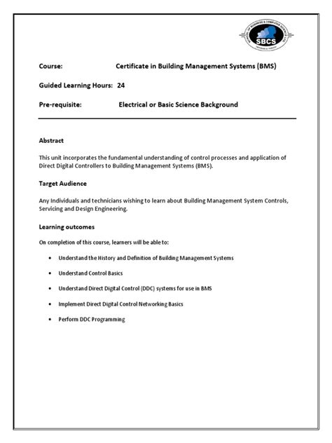 Course Certificate In Building Management Systems Bms Guided