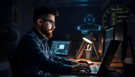 Handsome Programmer Working With Computer And Laptop In Office At Night Isolated With White