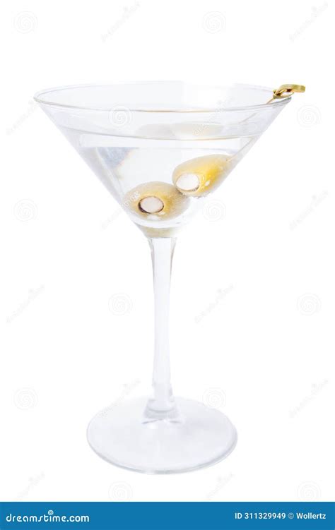 A Martini Glass Filled With A Clear Liquid And Two Olives Floating In