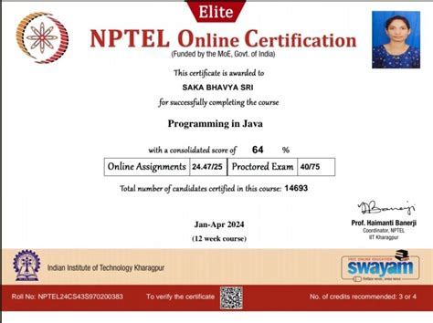 Javaprogramming Nptel Certification Elite Bhavya Sri Saka
