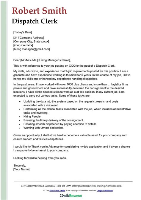 Dispatch Clerk Cover Letter Examples Qwikresume