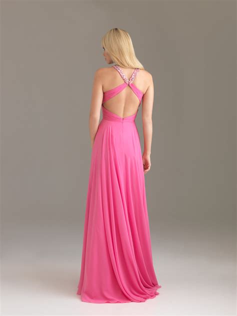 Pink Empire Halter Cross Back Floor Length Chiffon Evening Dresses With