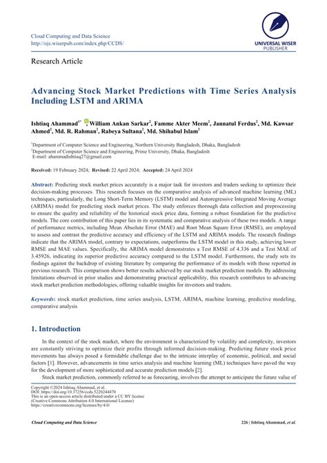 Pdf Advancing Stock Market Predictions With Time Series Analysis Including Lstm And Arima