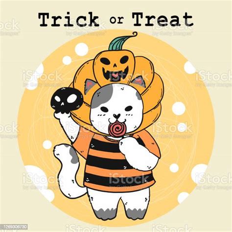 귀여운 낙서 행복 한 흰색 고양이 와 갈망 호박 머리 트릭 또는 치료 할로윈 의상 가을 오렌지 인사말 카드에 대 한 아이디어 잘라 파일 승화 선물 인쇄 가능 0명에 대한