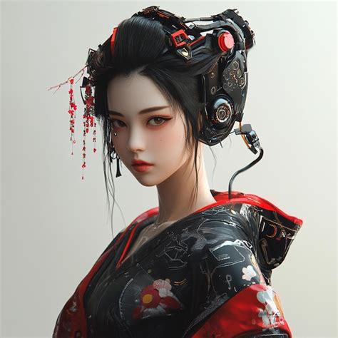 Modern Edge Geisha Cyberpunk Enhancements In Traditional Kimono