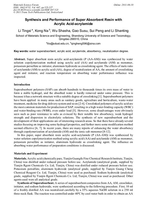 Synthesis And Performance Of Super Absorbent Resin With Acrylic Acid Acrylamide Scientificnet
