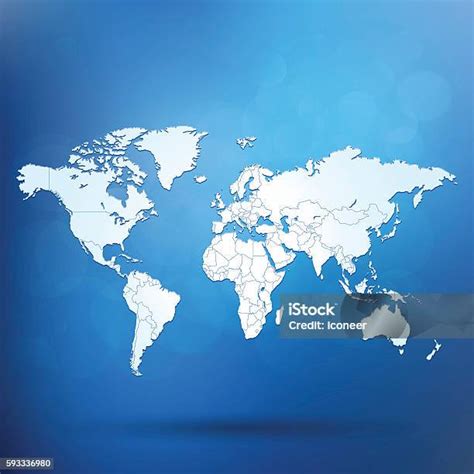 青いグラデーションの背景の正方形に影を持つ世界の明るい地図 世界地図のベクターアート素材や画像を多数ご用意 世界地図 まぶしい