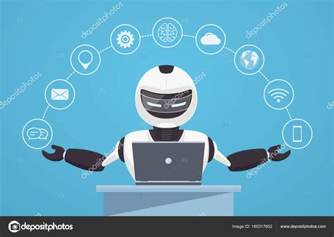Chat Bot Robot Virtual Assistance Robot Sits Behind A Laptop With