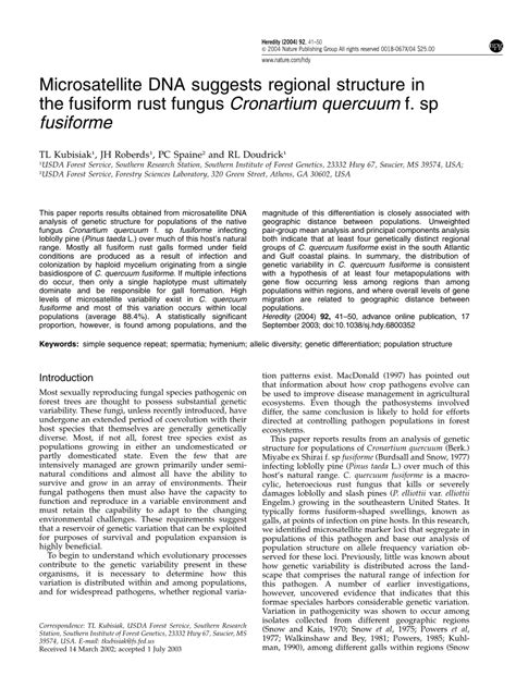 Pdf Microsatellite Dna Suggests Regional Structure In The Fusiform Rust Fungus Cronartium