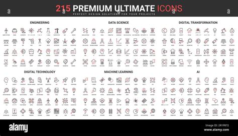 digital technology ai data science thin line red black icons set vector illustration abstract