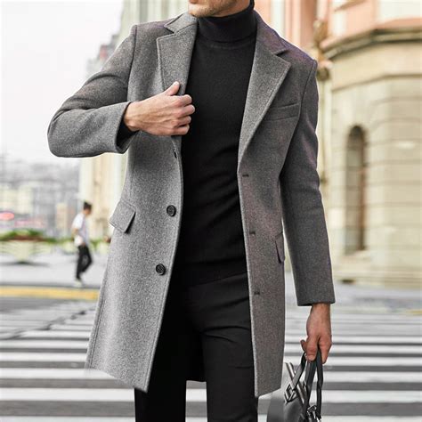 Haxmnou Men Wool Coat Winter Trench Coats Long Sleeve Button Up Jacket