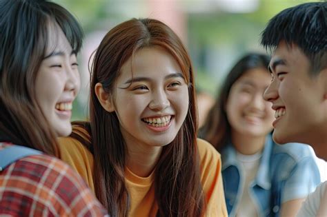 A Group Of Happy Asian College Students Enjoy Talking Or Sharing Ideas