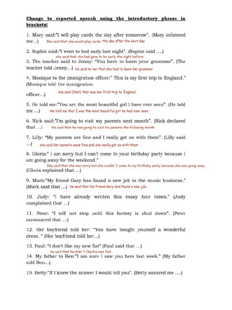 Reported Speech Statements Exercises Pdf