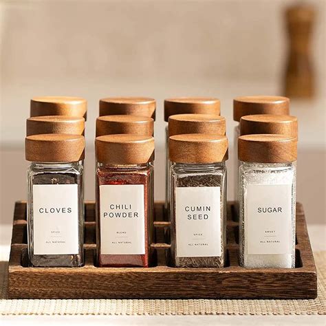 24 Pcs Clear Glass Empty Square Spice Bottle Jars With Bamboo Wooden