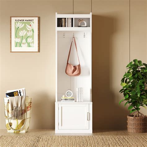 Lark Manor Minimalist Slim Hall Tree With Cabinet And 6 Hanging Hooks