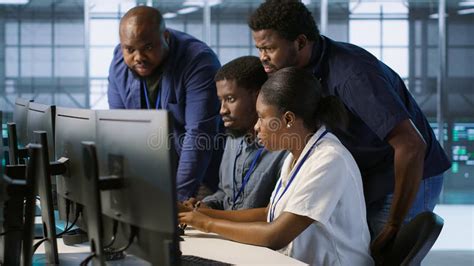 coworkers in data center doing brainstorming implementing ai stock