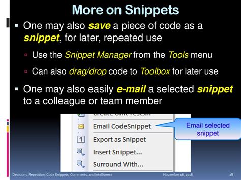 Decisions Repetition Code Snippets Comments And Intellisense Ppt