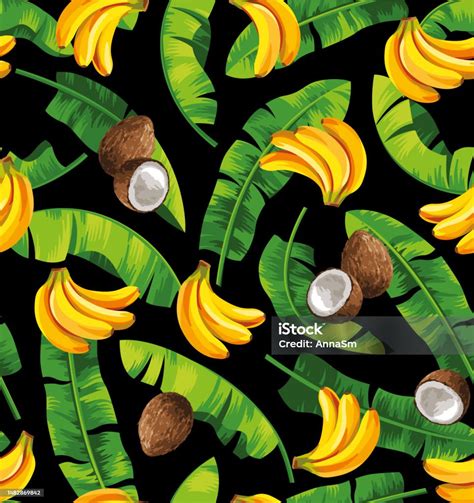 바나나 야자 잎과 과일이 있는 열대 이음매 없는 패턴 검은색 배경에 벡터 식물 그림 녹색 색상의 단풍 디자인입니다 코코넛에 대한 스톡 벡터 아트 및 기타 이미지 Istock