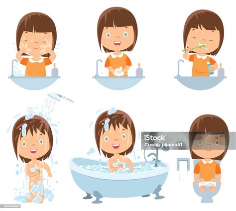 소녀 세안 손 씻기 양치질 치아 목욕 화장실 후 손 씻기 소녀에 대한 스톡 벡터 아트 및 기타 이미지 소녀 욕조 거품
