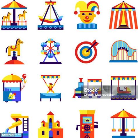 놀이 공원 아이콘 세트 Carnival에 대한 스톡 벡터 아트 및 기타 이미지 Carnival 개념 골동품 Istock