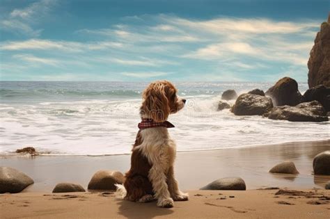 cocker spaniel sitting on the beach with waves in the background ai