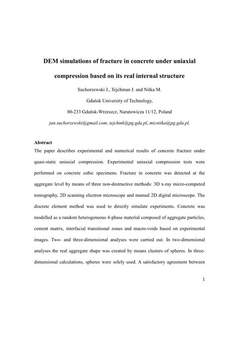 Pdf Discrete Element Method Simulations Of Fracture In Concrete Under Uniaxial Compression