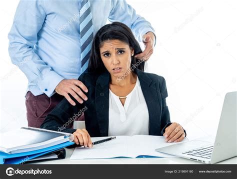 Uncomfortable Scared Woman Being Harass Her Boss Office Sexual