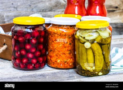 Jars With Variety Of Canned Vegetables And Fruits Jars With Zacusca