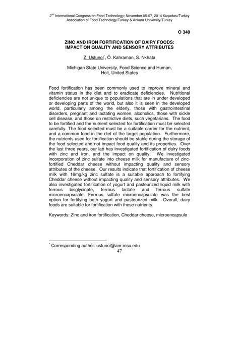 Pdf Zinc And Iron Fortification Of Dairy Foods Impact On Quality And Sensory Attributes