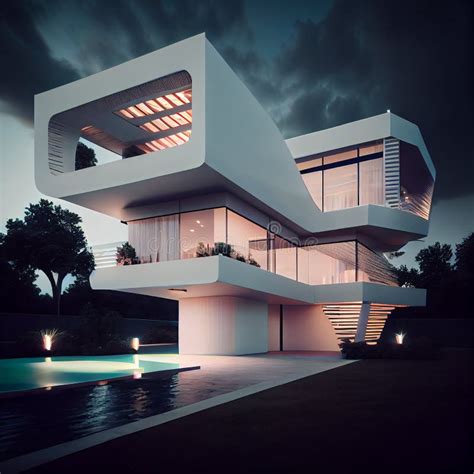 A White Villa With Floor To Ceiling Windows Illustration Generative Ai Stock Illustration